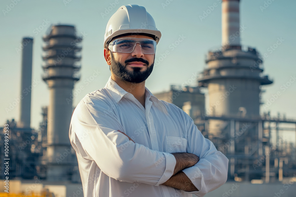 An Arabian power plant worker stands confidently with arms crossed in ...