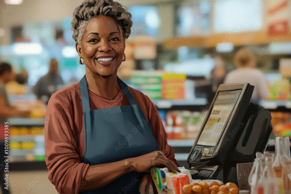 A middle-aged Black female cashier stands proudly at her checkout ...