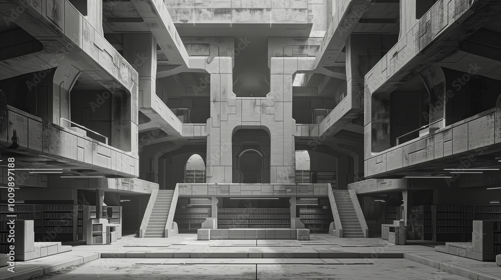 Foto de Futuristic brutalist architecture library with geometric shapes ...