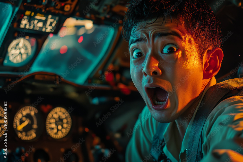 A young Japanese pilot with a startled expression in the cockpit ...