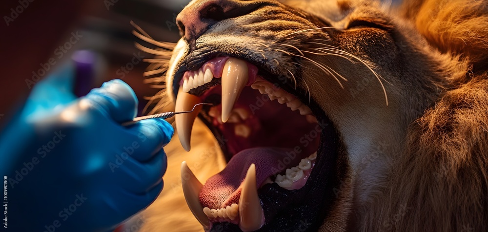 Veterinarian examines a lion's teeth in a close-up, showcasing the ...