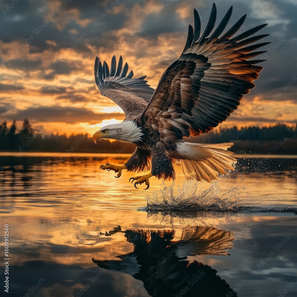 Majestic eagle in flight over calm waters. The sun sets, painting the ...