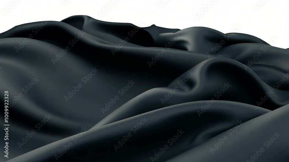 4K 3D animation showcases wavy black cloth rippling fluid folding silk ...