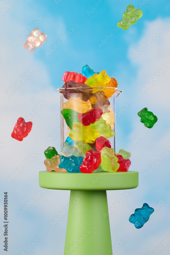 Gummy Bear Candy explosion in Glass Beaker on chartreuse pedestal with ...