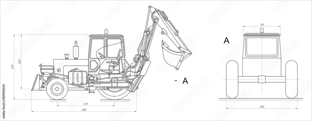 ภาพประกอบสต็อก Earthmoving machine. Technical drawing of tractor ...