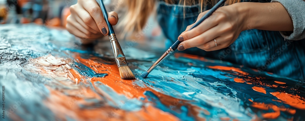 People engaged in art therapy, creating paintings with brushes and ...