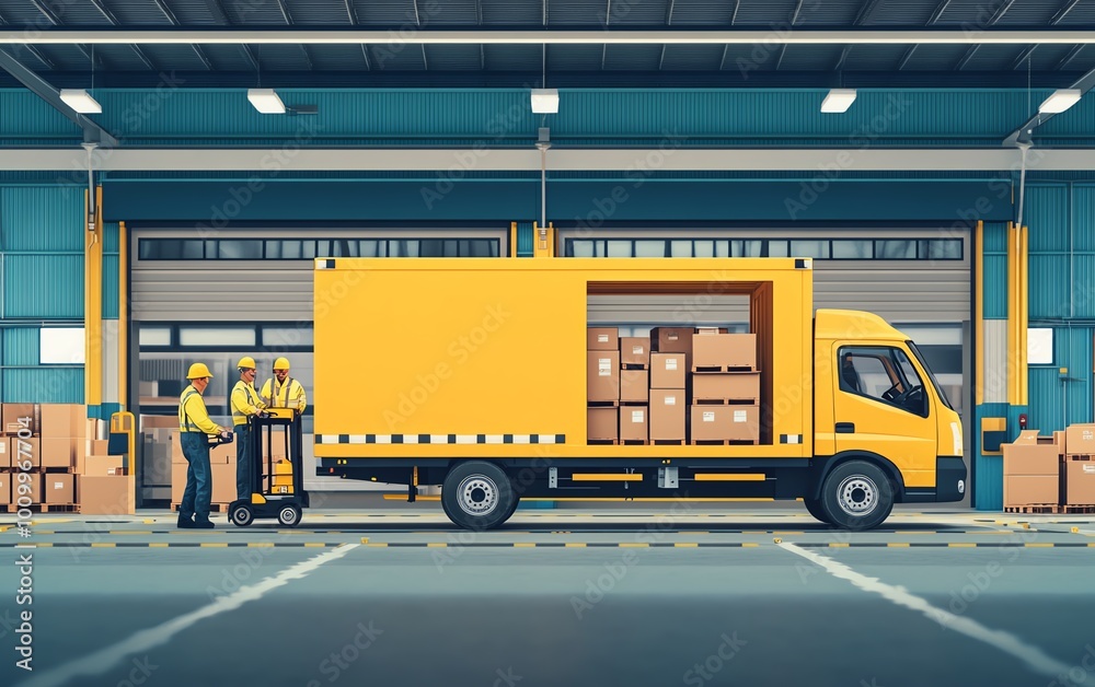 Vertical screen view of a logistics warehouse with happy workers ...