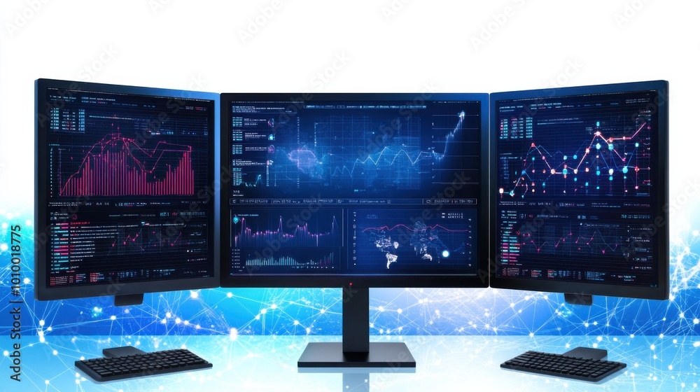 Computer monitor displaying an abstract dashboard with data analytics ...