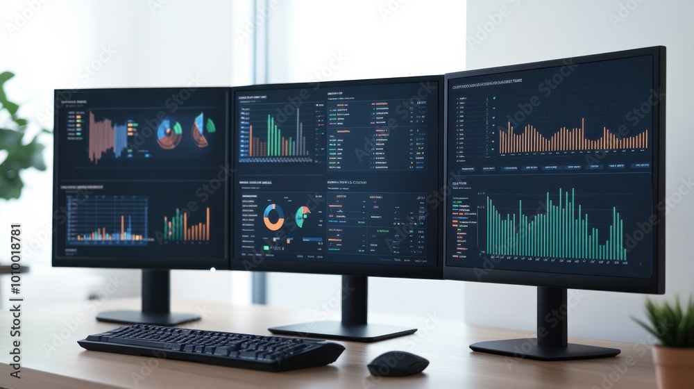 Computer monitor displaying an abstract dashboard with data analytics ...