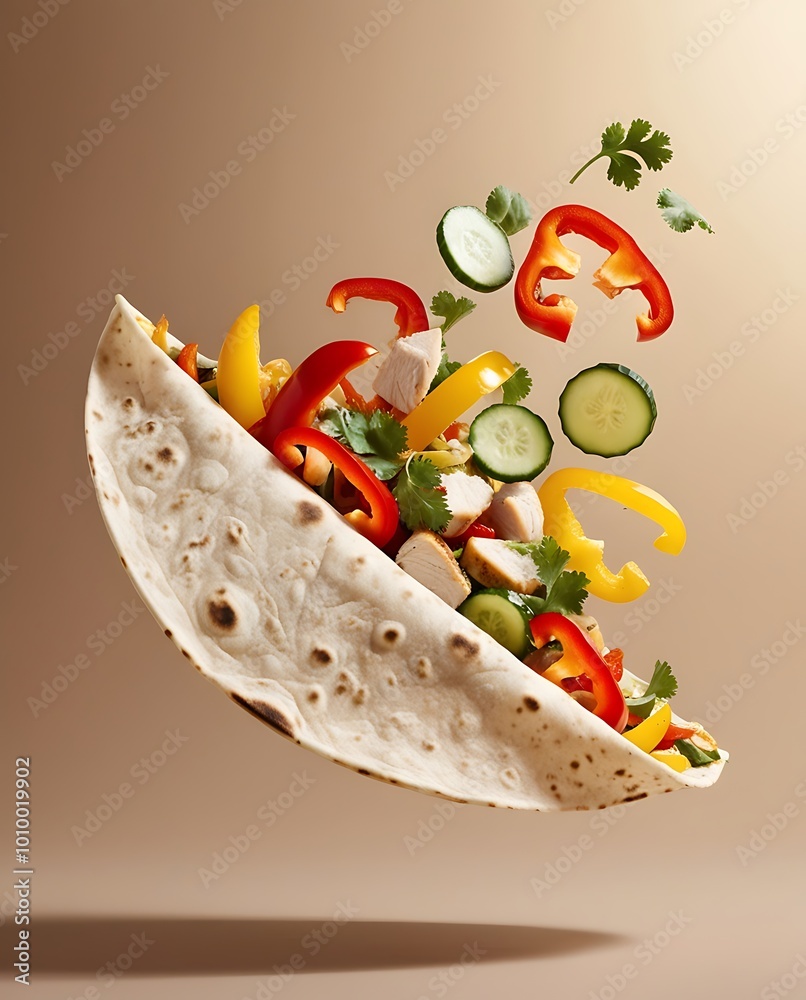 Flying falling tortilla, a delicious Mexican ingredient, representing a ...
