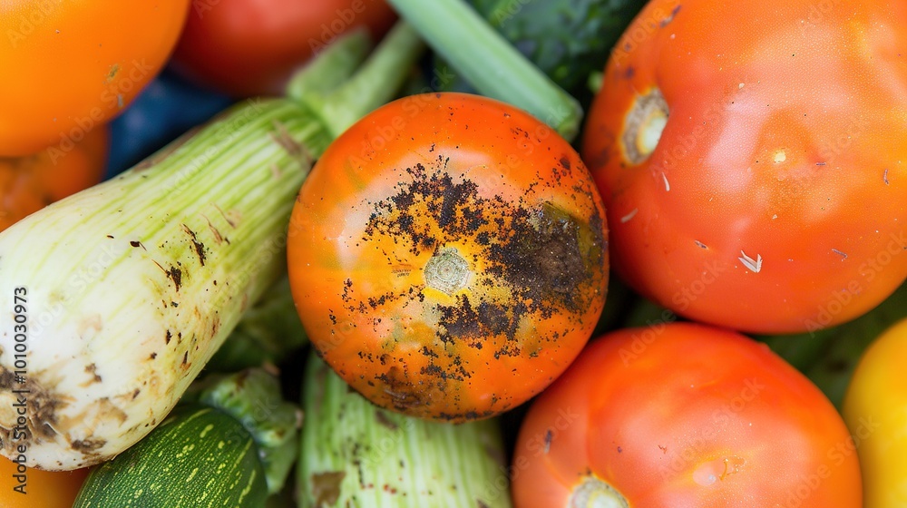 Close-up of fresh vegetables with a single rotten tomato in the center ...