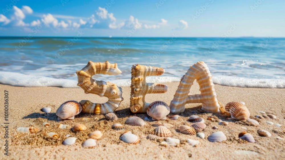This image shows the word 'SEA' creatively spelled out using seashells ...