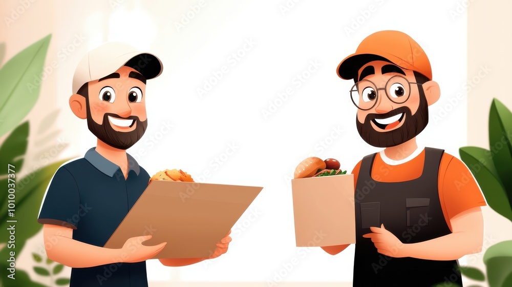 Two animated characters exchange friendly gestures while holding food ...
