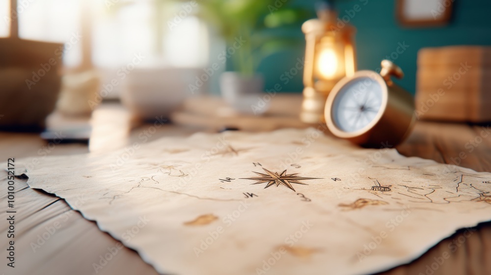 An intricately detailed old map with a compass rose, lying flat near a ...