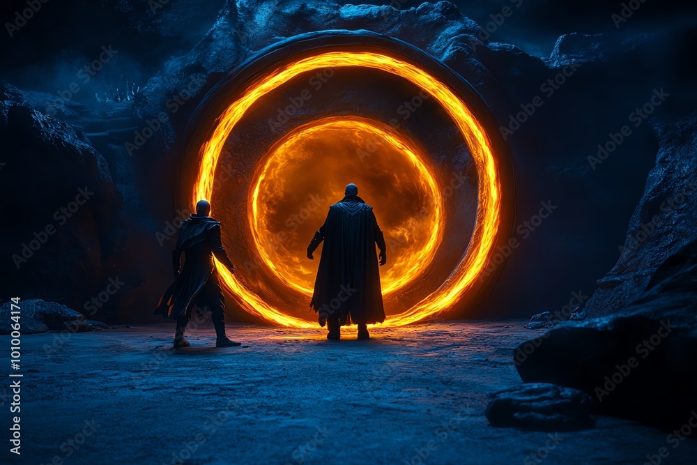 A farewell at a glowing portal between worlds, where one figure steps ...