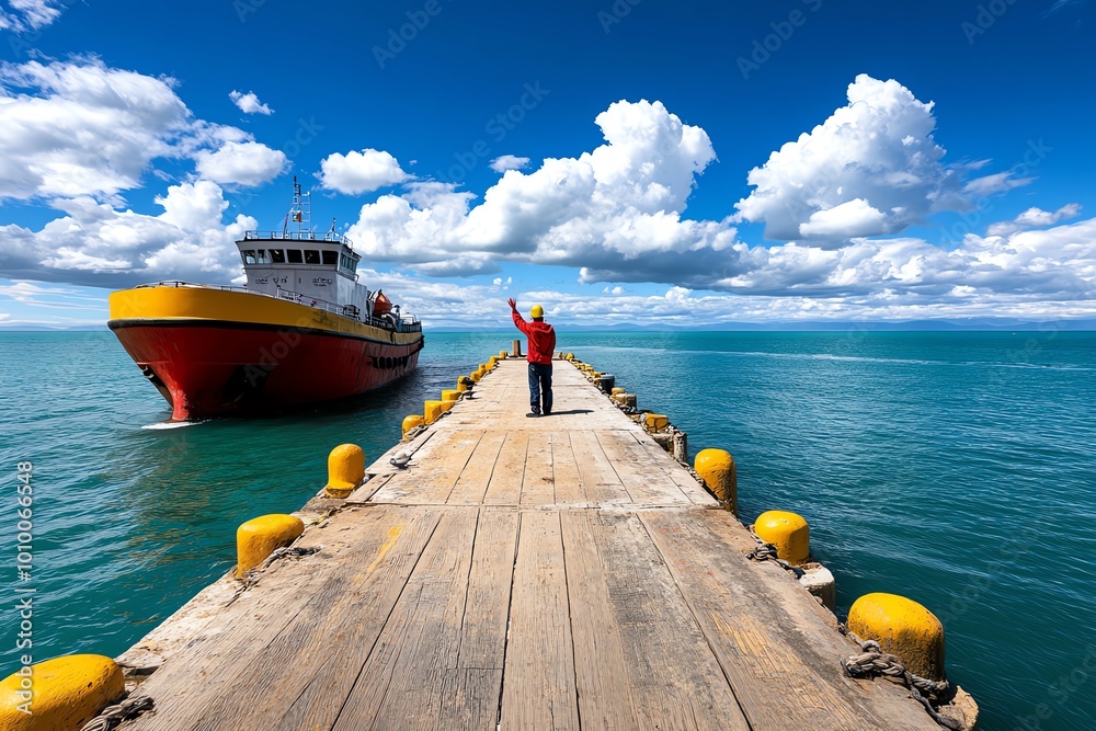 A farewell scene on a dock, with a figure waving goodbye to a departing ...