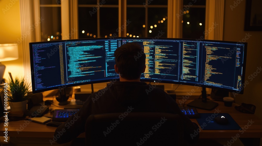 Software developer coding at night with dual monitors for innovative ... Software developer coding at night with dual monitors for innovative ...