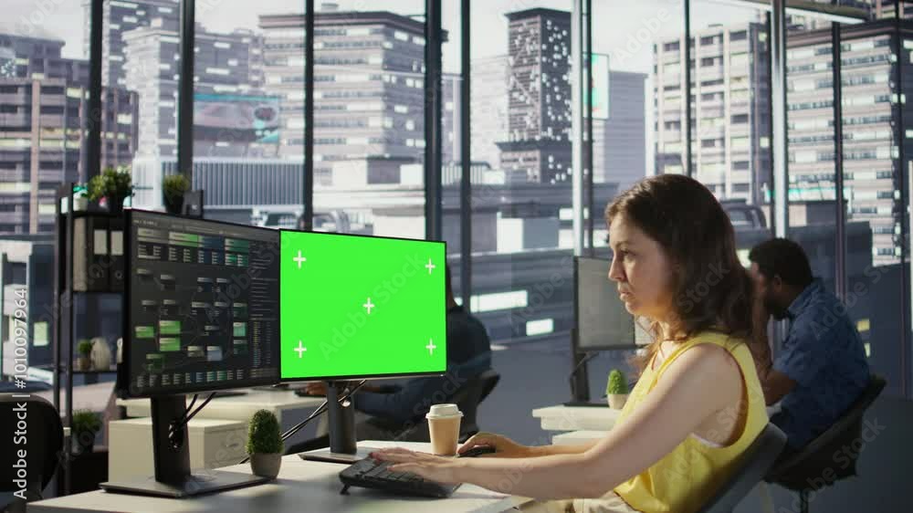 Admin using multi monitor green screen PC to create machine learning ...