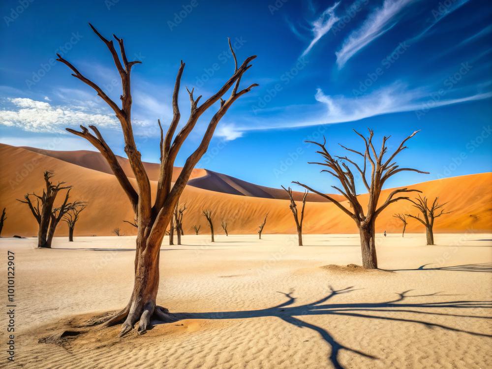 barren wasteland with lifeless trees stands against backdrop of vibrant ...