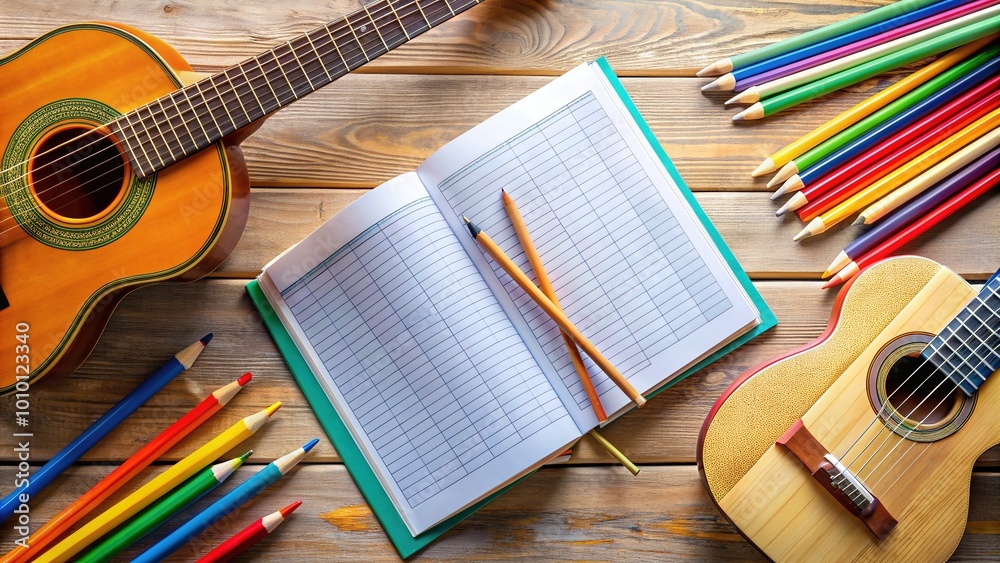 A colorful desk setup with guitar, sheet music, pencils, and a music ...