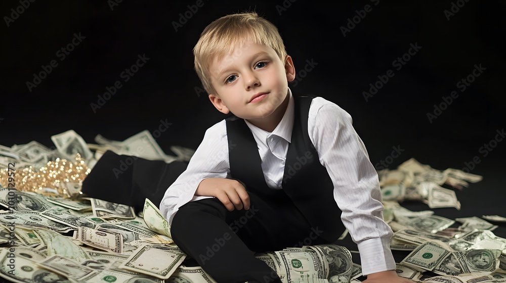 Young boy in a suit sitting on a pile of cash. Stock Photo | Adobe Stock