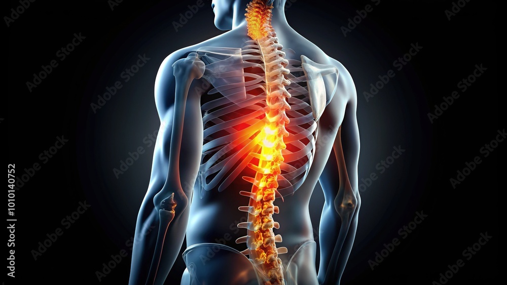 Illustrative model of the human spine showcasing a prominent inflamed ...