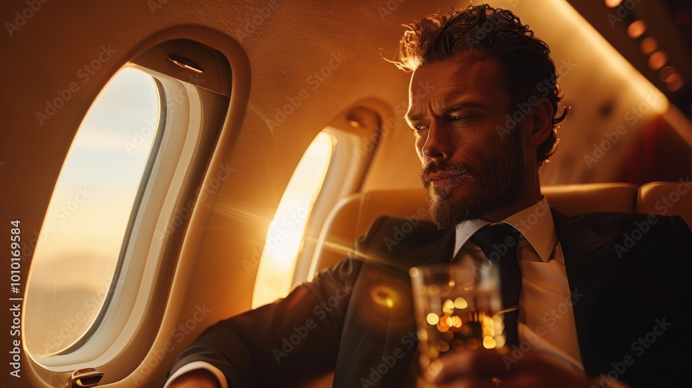 Elegant male supermodel in formal suit, enjoying whiskey by the window ...