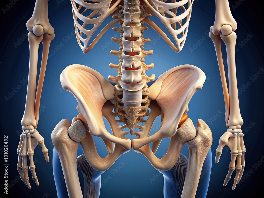 Detailed illustration of the pelvis, displaying sacrum, ilium, ischium ...