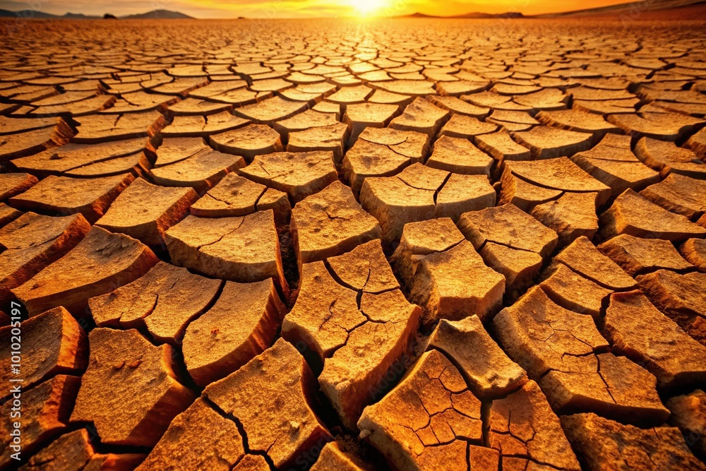 Dramatic close-up of dry, barren earth with deep, intricate cracks ...