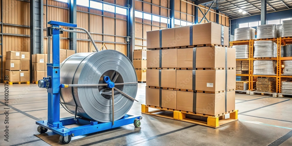Industrial metal strapping machine with rolls of steel strap, tensioner ...