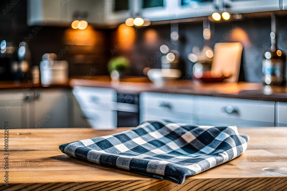Photo Fabric,cloth on wood table top on blur kitchen counter (room ...