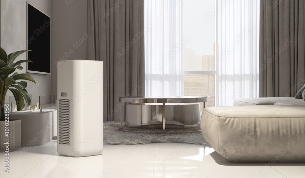Modern, minimal white air purifier in luxury living room with gray sofa ...