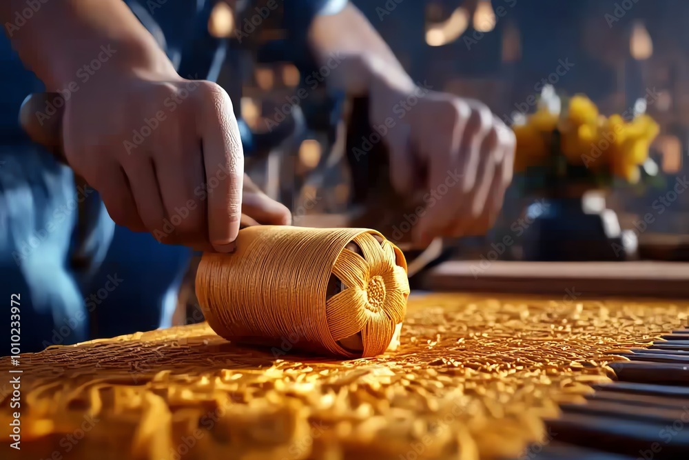 Hyper-realistic image of an artisan weaving Thai silk, with the texture ...