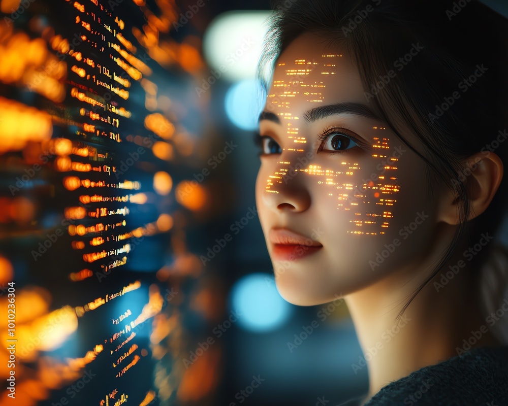 Asian Female Software Developer at Work Computer Screen with Code ...