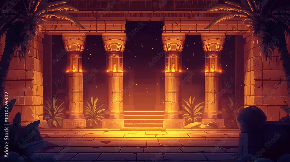 Ancient Egyptian temple entrance at night with glowing torches, columns ...