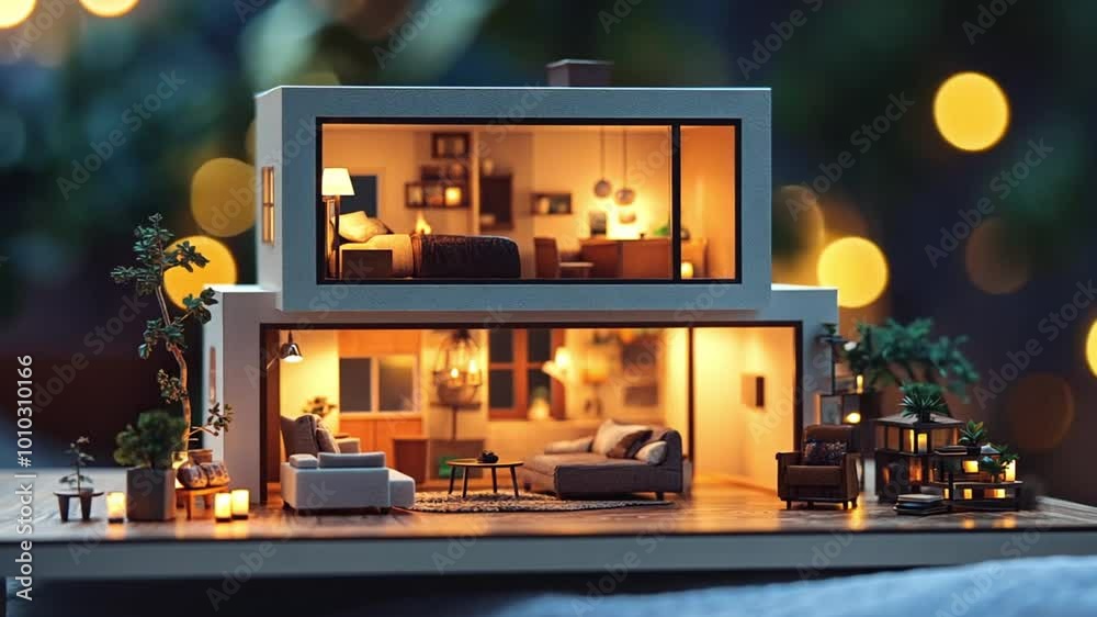 Miniature model of a modern two-story house with lights on, a bedroom ...