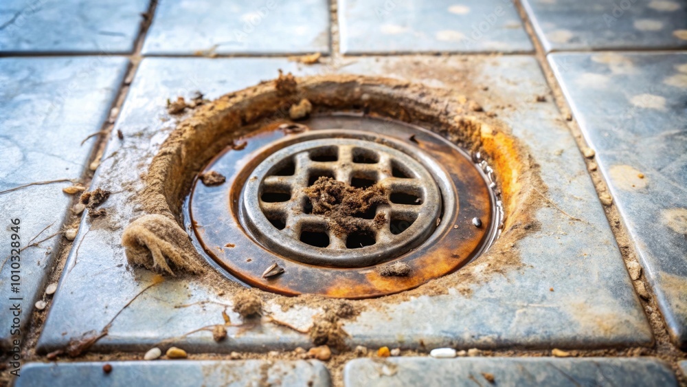 Clogged and dirty sewer pipes floor drain in a bathroom , clog ...