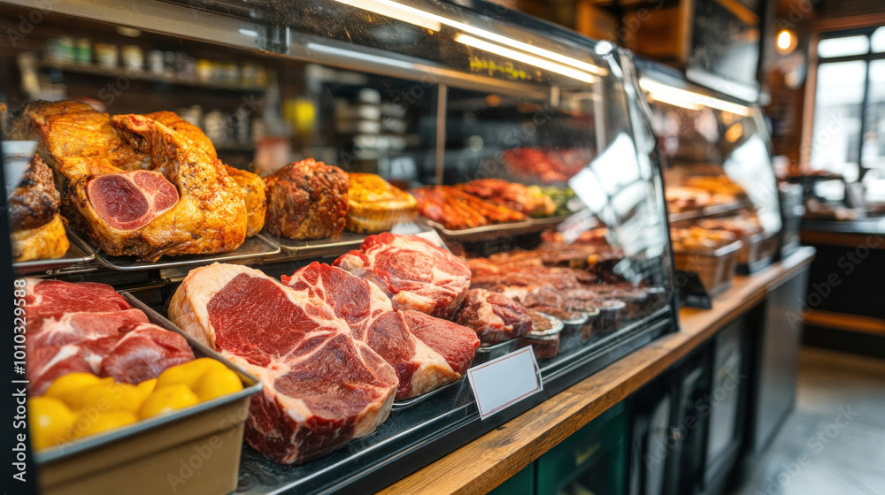 A premium butcher shop with an elegant meat display case showcasing ...