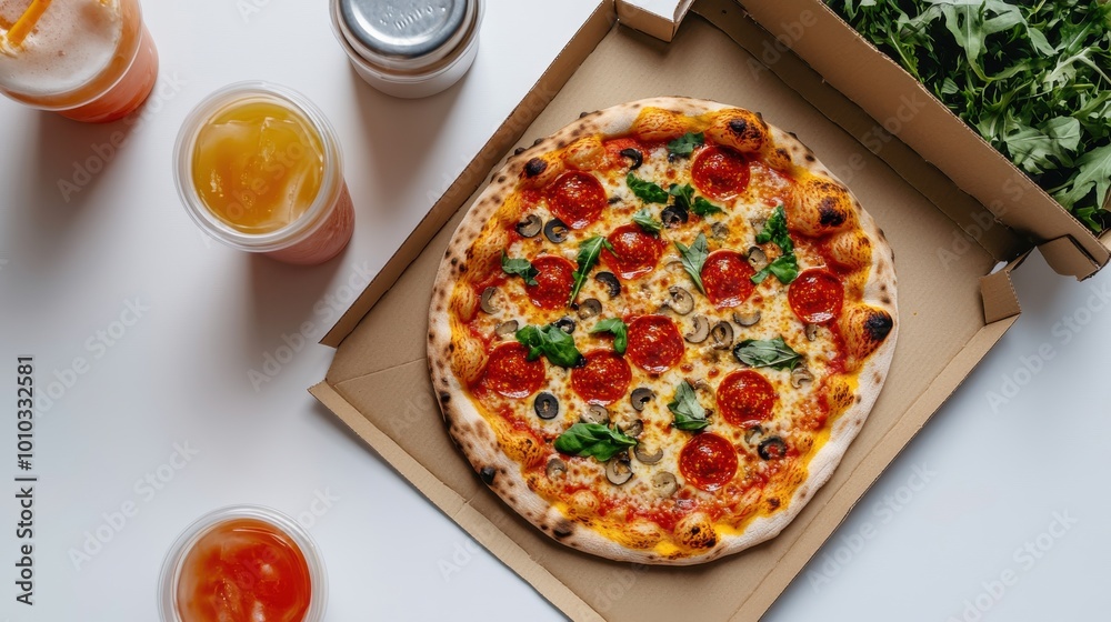 Top view of a delicious pepperoni pizza with olives, basil, and cheese ...