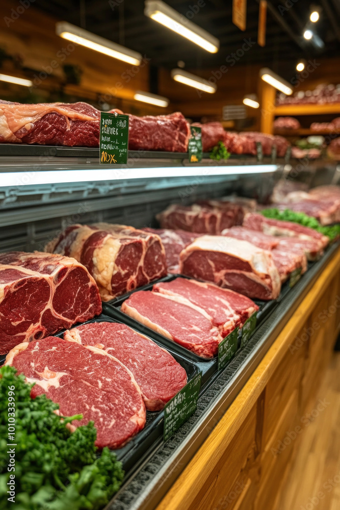 The butcher shop's meat display case filled with various cuts of meat, from premium steaks to ...