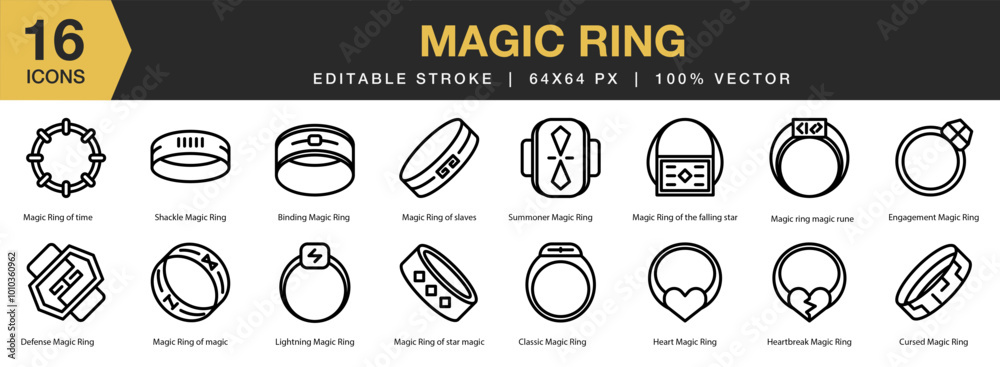 Magic Ring icon set. Editable Stroke Icon Collection. Includes binding ...