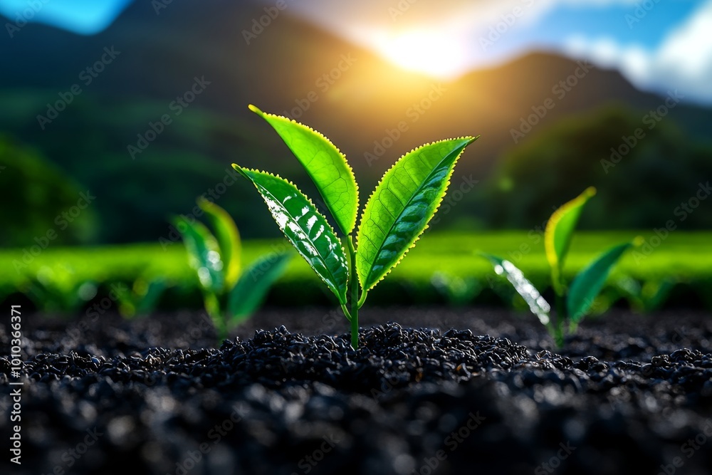 3D-rendered scene of a tea plantation at sunrise, with fully animated ...