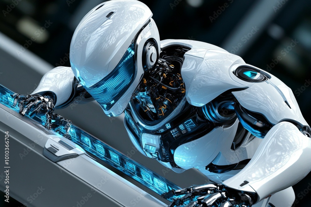 3D-rendered view of a futuristic robot repairing a bridge, symbolizing ...