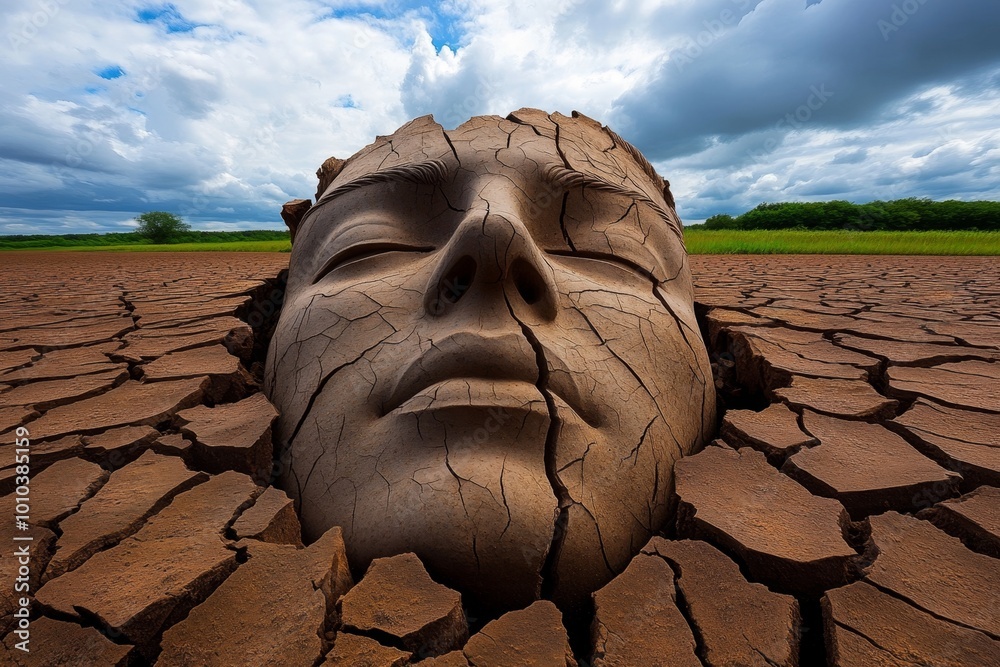 Hyper-realistic image of a crumbling statue in a forgotten field, with ...