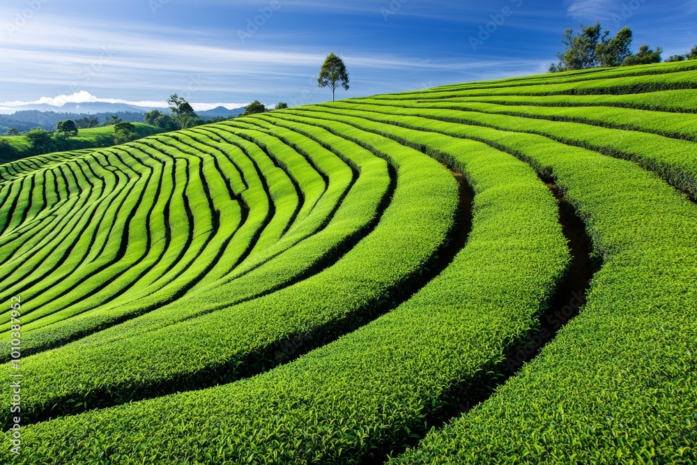 Simple line art of a tea plantation landscape, with rows of tea bushes ...