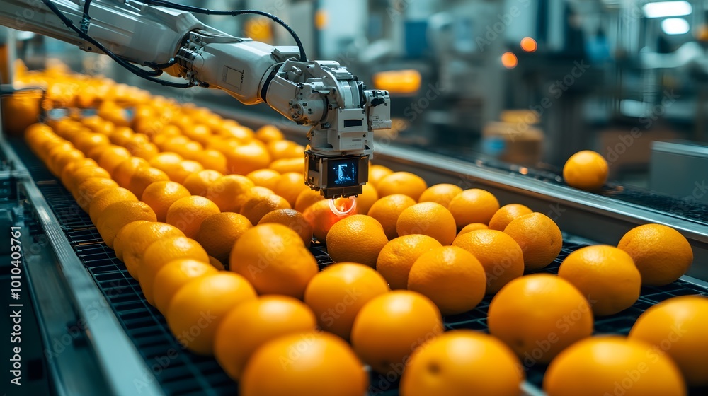 Robotic arm in a futuristic factory, using X-ray technology to scan ...