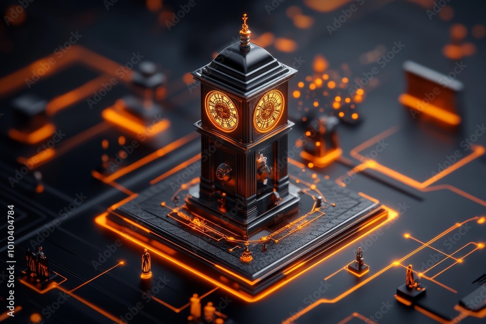 3D-rendered view of a clock tower frozen in time, with digital ...