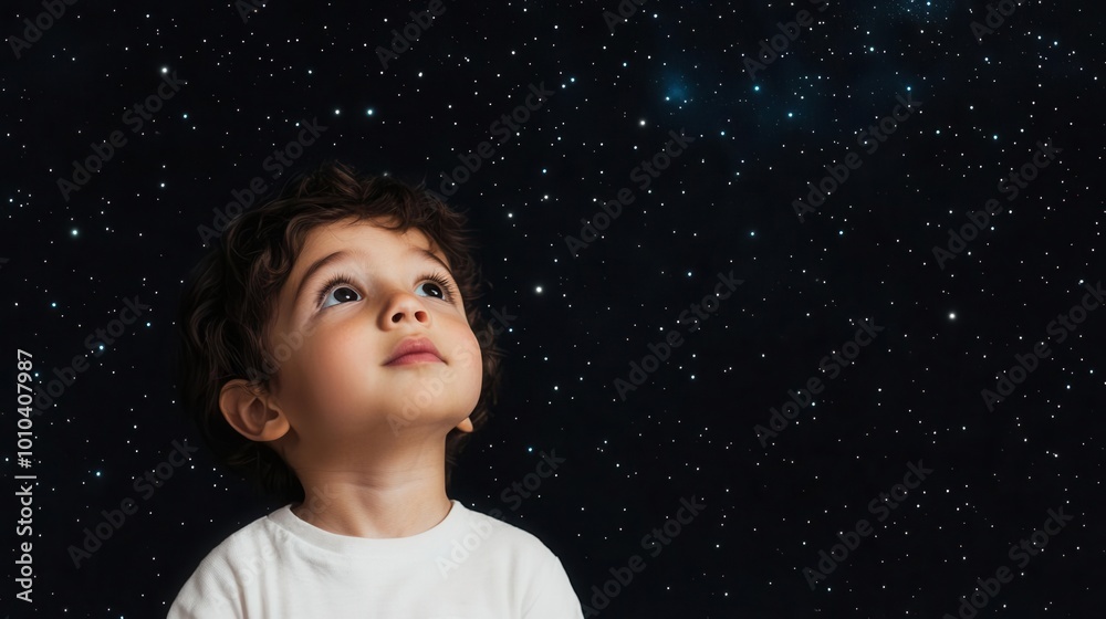 A child gazing up at the stars with a look of wonder on their face ...