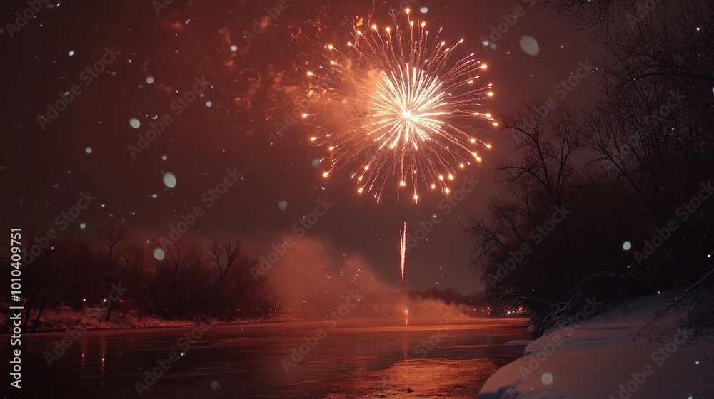 Illuminating Frozen Night: Vibrant Firework Display Over Snowy River ...
