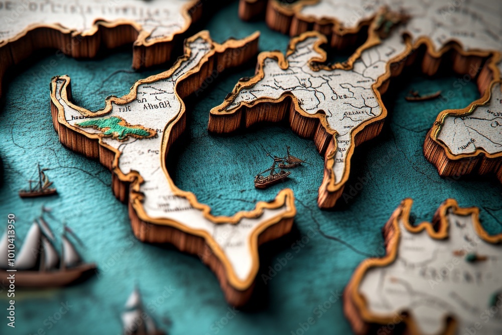 A hyper-detailed shot of a torn and worn-out map, with every fold, tear ...